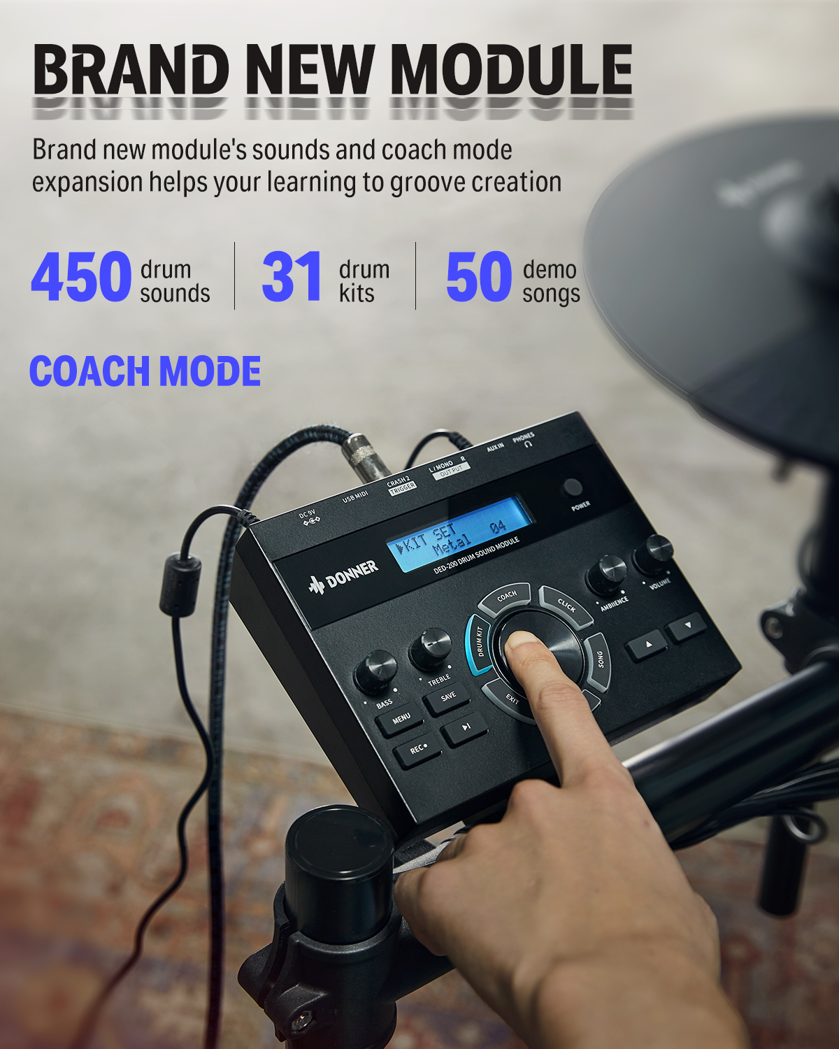 Donner DED-200 Drum Set Elecktronik dengan Quiet Mesh Drum Pads, 5-Drum ...